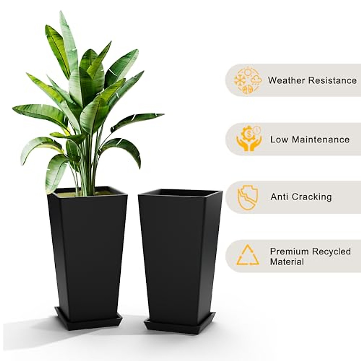 Elevens Tall Planters 20 Inch Tapered Square Planters Garden Flower Pots,Indoor/Outdoor Planter with Tray, Large Planter for Patio Black-2 Pack