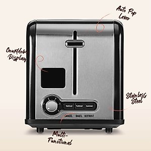 Peach Street 2 Slice Toaster Compact Bread Toaster with Digital Countdown, Wide Slots, Auto-Pop Stainless Steel, 6 Browning Levels, Removable Crumb Tray, with Defrost, Bagel, and Cancel Function