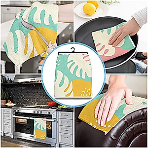 Kitchen Towels Dish Towel Set of 1,Morandi Palm Leaves Teal Pink Absorbent Hand Towels Cleaning Dishcloth Tea Towels,Mid Century Tropical Botanical Reusable Drying Dish Cloths