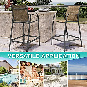 VredHom Outdoor Metal Bar Stools Patio Bar Stools Set of 2, Counter Height Chairs Steel Bar Chairs Lightweight Patio Furniture with Textilene, Armrest and Footrest,Brown