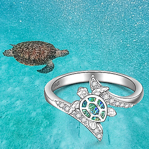Fenthring Sterling Silver Sea Turtle Ring Abalone Shell Ocean Wave Cute Animal Rings for Women Jewelry Mothers Day Longevity Gifts Size 9