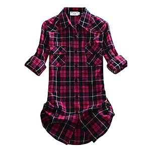 Match Womens Button Down Flannel Plaid Shirts roll up Long Sleeve Shackets Business Blouse Top (Small, Checks#8)