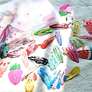 Funtopia Hair Clips for Girls,100 Pcs No Slip Metal Snap, Barrettes for Kids Teens Women, Cute Candy Color Cartoon Design Hair Pins (Animals Fruits Crowns Stars)