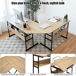 Tangkula 67 Inches L-Shaped Office Desk, Corner Computer Desk with Bottom Bookshelves & CPU Stand, Drafting Drawing Table with Tiltable Desktop, Corner Computer Workstation Home Office Desk