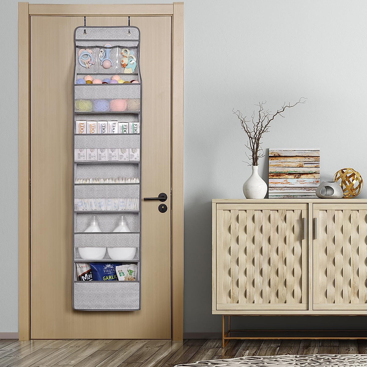 Univivi 6 - Layer Fabric Over the Door Organizer Gray Foldable Nursery Closet Storage, Large Hanging Door Organizer for Cosmetics, Toys and Sundries…