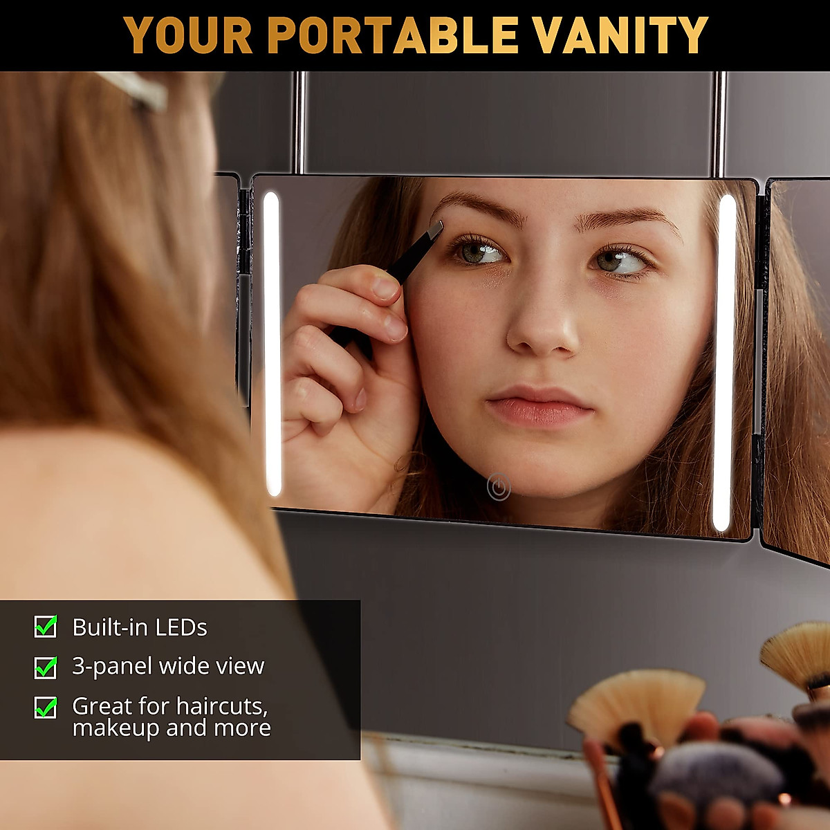 KKOCH BEAUTY 3 Way Mirror with LED Lights, Haircutting Kit, 360 Mirror for Braiding and Makeup, Mirror to See Back of Head, Self Cut for Men Women Kids