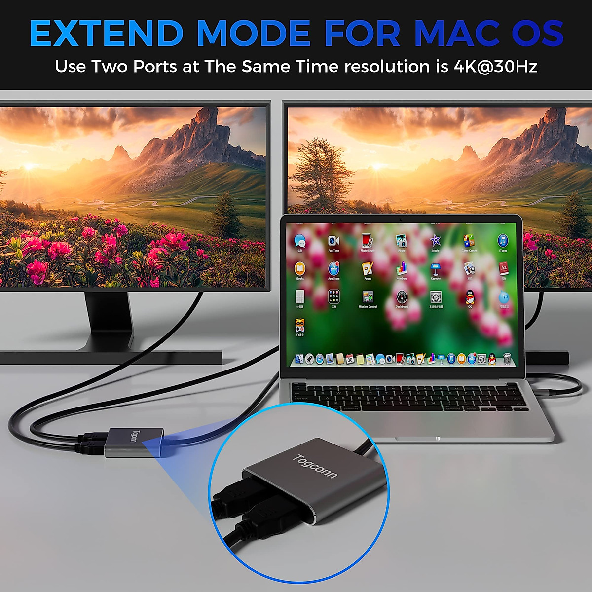 Togconn 4K USB C to Dual HDMI Adapter, Supports 4K@60Hz, USB C to Dual HDMI Female Connector, Type C (Compatible Thunderbolt 3) to 2 HDMI Converter, for MacBook Pro/Air, Dell XPS 13/15