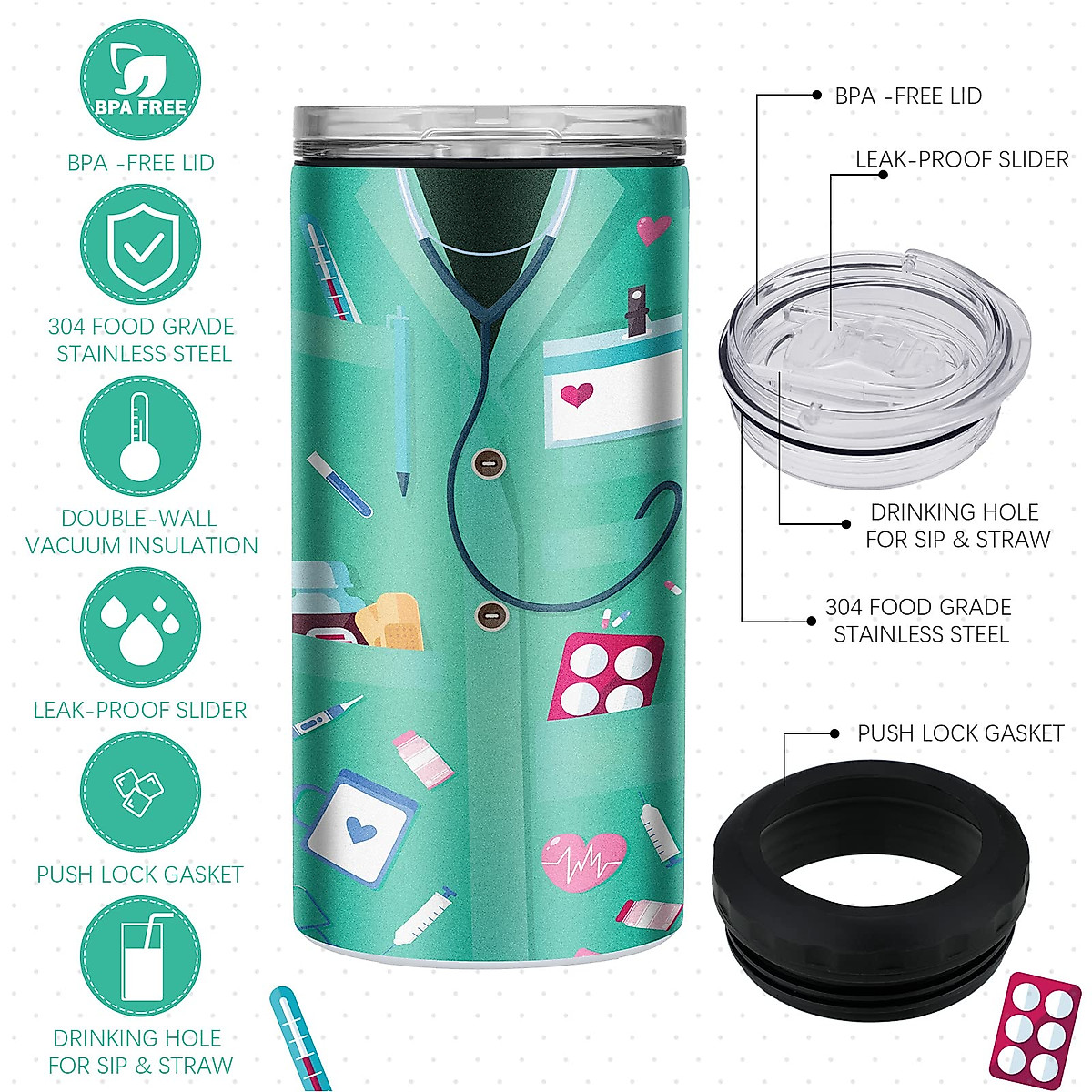 Didaey 4 Pcs Nurse Gifts Include 2 Pcs 16 oz Nurse Tumblers Nurse Nutrition Facts 4 in 1 Tumbler Can Cooler Cup Stainless Steel Insulated Nursing Mug and 2 Pcs Nurse Appreciation Keychain for Nurses