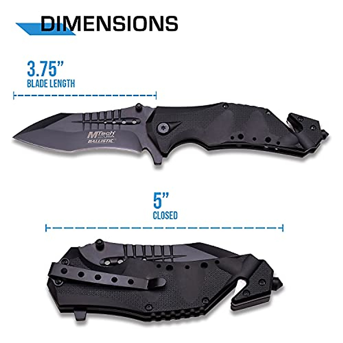 MTech USA – Spring Assisted Folding Knife – Black Stainless Steel Blade and Black Aluminum Handle with Rope Cutter, Glass Punch and Pocket Clip - Hunting, Camping, Survival, Tactical, EDC – MT-A845BK