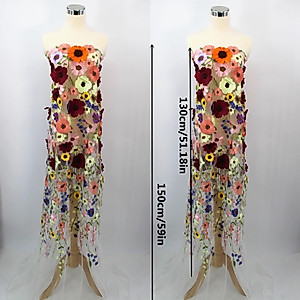 SUNMOVE 1 Yard Multicolor 3D Flowers Heavy Embroidery Lace Floral Fabric for Sewing Dresses Jacket Jeans (White mesh, 1 Yard)