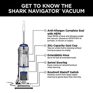 Shark NV141 Navigator Anti-Allergen Plus Upright Vacuum with HEPA Filtration, XL Large Cup Capacity, Dusting Brush, Crevice Tool & Wide Upholstery Tool for Multi-Surface Cleaning, White, 2.9 Qt