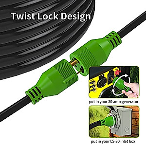 RVMATE 3 Prong 30 Amp Generator Extension Cord 10 Feet, NEMA L5-30P/L5-30R 125V SJTW Jacket