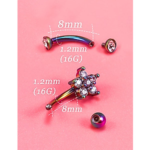 12Pcs 16G Rook Piercing Jewerlry Surgical Steel Eyebrow Piercing Jewelry Flower Crystal Heart CZ Moon Shape Eyebrow Rings Snake Eyes Rook Earrings for Women Men Tongue Retainer,Purple curved Barbell