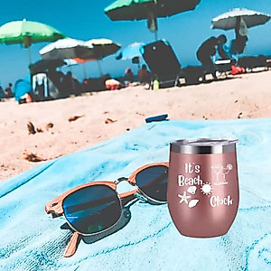 It's Beach O 'Clock, Lovely Shape Rose Gold With white Print, Insulated Wine Tumbler with Lid Double Wall Stainless Steeel, Coffee Mug, Beach Accesories, Cocktail, Beer, Office (Rose Gold)