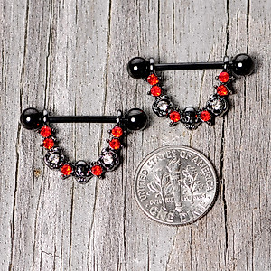 Body Candy 14G Womens Nipplerings Piercing Steel 2Pc Black Red Accent Rose Skull Dangle Nipple Ring Set 5/8"