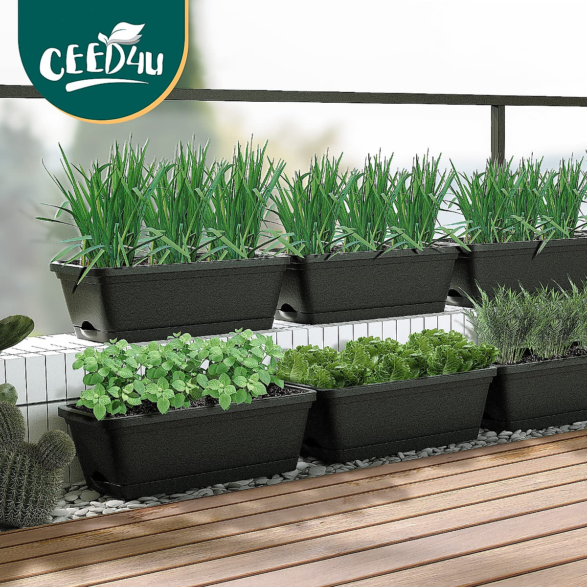 CEED4U Window Box Planter, 17 Inches 3 Packs Black Rectangular Planters Box with Saucers and 15Pcs Plant Labels, Self-Watering Drainage Holes, Windowsill Decor Outdoor Indoor Plastic Long Pots