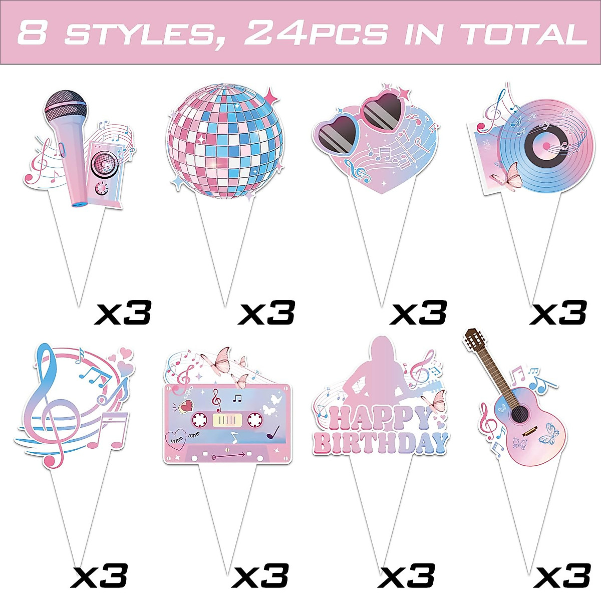 24 Pcs Popular Happy Birthday Era's Party Decorations Cupcake Toppers, Super Star Birthday Party Cake Decorations for Fans Celebration Party, Guitar Themed Party Supplies for Girls Night