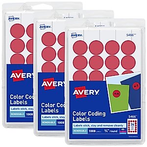 Avery Round Color Coding Labels, Removable Adhesive, Red, 0.75", 3 Pack, 3,024 Labels Total (32136)
