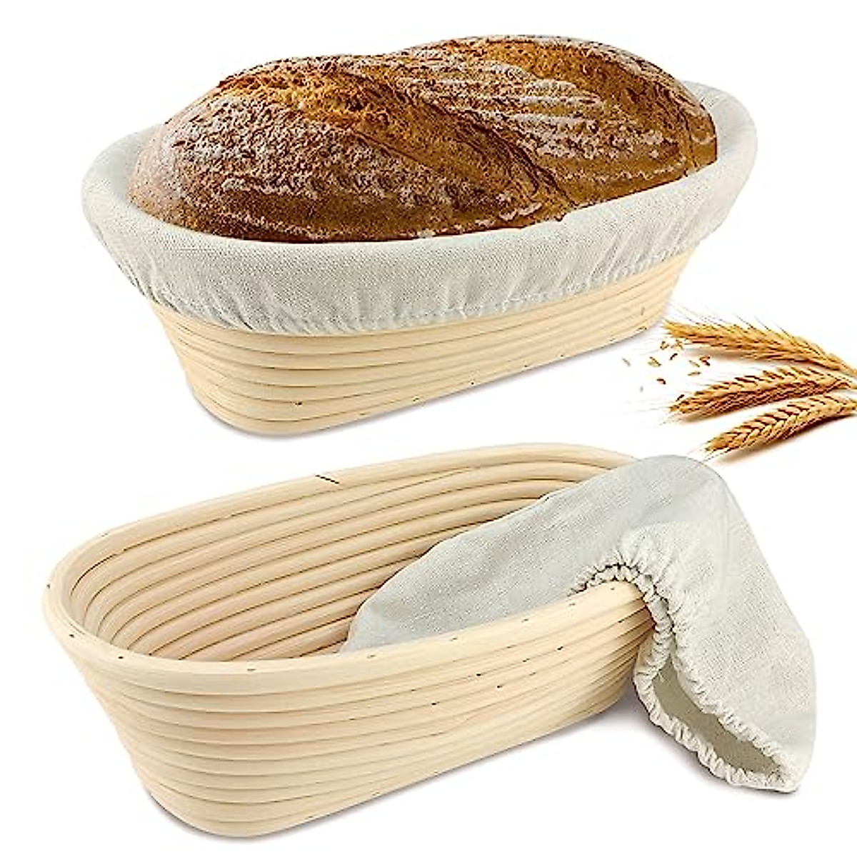 Banneton Bread Proofing Basket Set of 2: 10 Inch Oval Dough Proofing Bowls with Liners, Bread Basket for Artisan Sourdough Bread Making for Professionals and Home Bakers