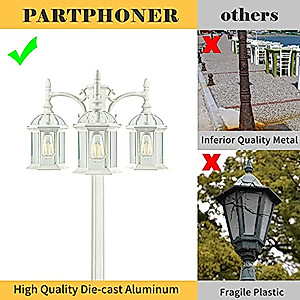 PARTPHONER 3-Head Outdoor Lamp Post Light Birdcage, Waterproof Outside White Street Light Pole with Clear Glass Shade for Yard, Garden, Patio, Path, Driveway
