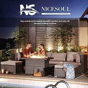 NICESOUL 10 Piece Modern Outdoor Patio Furniture Set with Firepit Natural Gas Propane Convertible, 29.3'' High Back Extra Large Size Wicker Conversation, Deep Wide Comfortable Couch for Outside, Grey