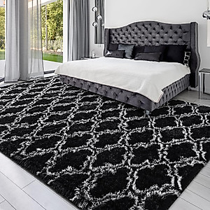 Hutha 6x9 Shag Large Area Rugs for Living Room, Black and White Modern Super Soft Bedroom Carpet, Moroccan Luxury Geometric Plush Fluffy Rug for Kids Nursery Girls Room Indoor Home Decor