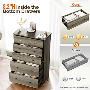 VINGLI 6 Drawer Dresser, 46.8" Tall Dresser Chest of Drawers for Bedroom, Wood Dresser with 3 Different-Sized Drawers, Rustic Grey Dresser for Living Room, Hallway, Home Office