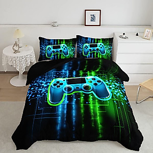 Datura home Video Gamer Comforter Set for Kids Teens Adults,Green Black Gamepad Modern Gamer Gaming Printed Bedding Set with 1 Comforter and 2 Pillowcases(Gamepad Green Twin)