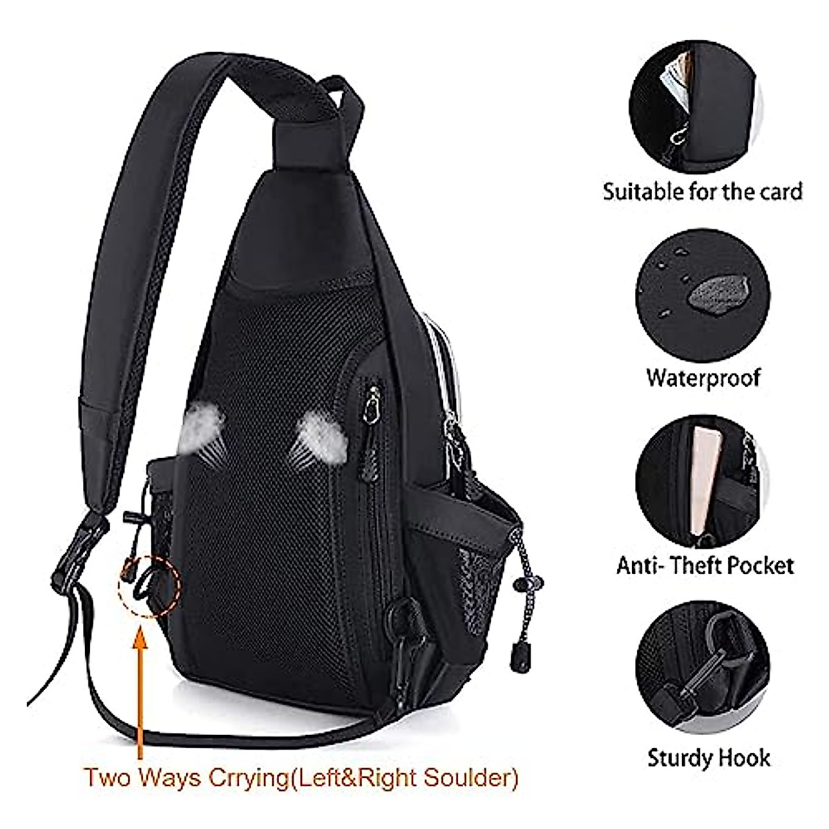 MOSISO Sling Backpack Double Layer Hiking Daypack Men/Women Chest Shoulder Bag, Black