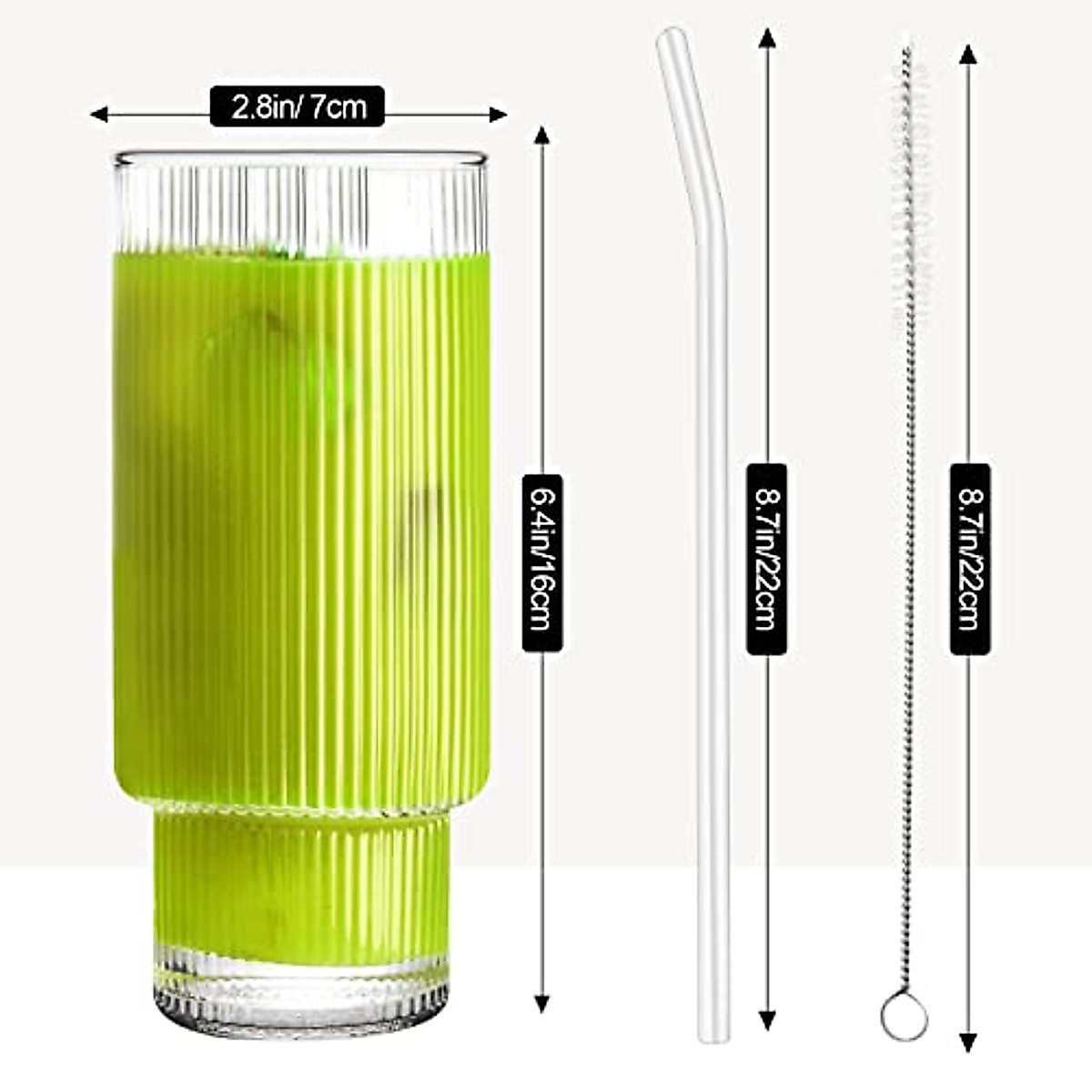 Vozoka Ribbed Glassware, Set of 4 Ribbed Glasses, 16 Oz Vintage Drinking Glasses, Glass Cup with Lids and Straws, Reusable Iced Coffee Glass Cups, Ideal for Coffee, Juice, Beer, Whiskey, Gift