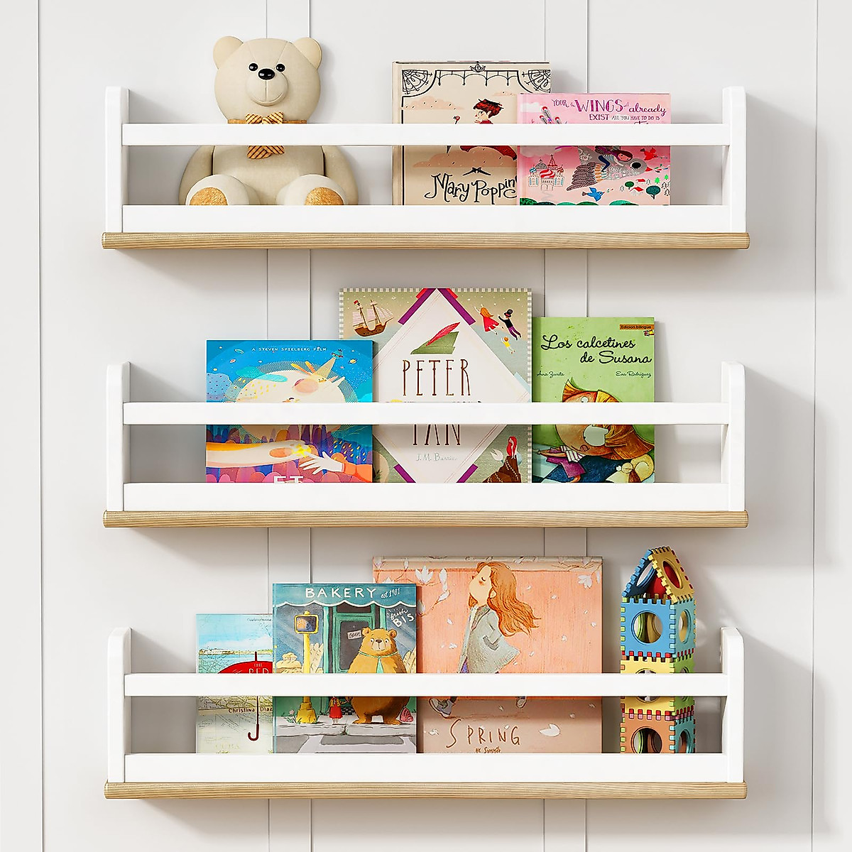 Harwaya 24 Inch Long Wall Bookshelf for Kids Room Bedroom Set of 3, Floating Nursery Book Shelves for Baby Boys Girls, Large Wood Hanging Bookshelves for Toddlers Childs (White and Natural)