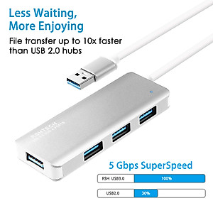 USB 3.0 Hub RSHTECH Aluminum 4 Port Ultra Slim USB 3.0 Data Hub Splitter Portable USB Port Expander for Laptop and PC (Silver)