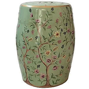Decorative Ceramic Garden Stool, Glazed Hand-Painted Floral Changing Stool, Suitable for Living Room, Balcony, Garden, Etc. (Color : Green Tree)