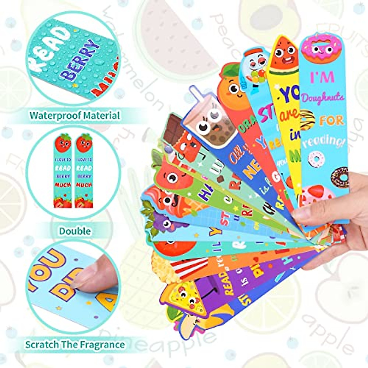 48 Pieces Kids Scented Bookmarks Scratch and Sniff Bookmarks Fruit Food Theme Bookmarks Assorted Smelly Bookmarks Cute Bookmarks for Students, Teens, Food Lovers, 16 Styles