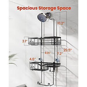 AMADA Hanging Shower Caddy, Shower Caddy Over Shower Head, Rustproof Stainless Steel Shower Organizer with Soap Holder & Hooks, Shower Rack for Shampoo, Sponges, Towels, No Drilling Required, Black