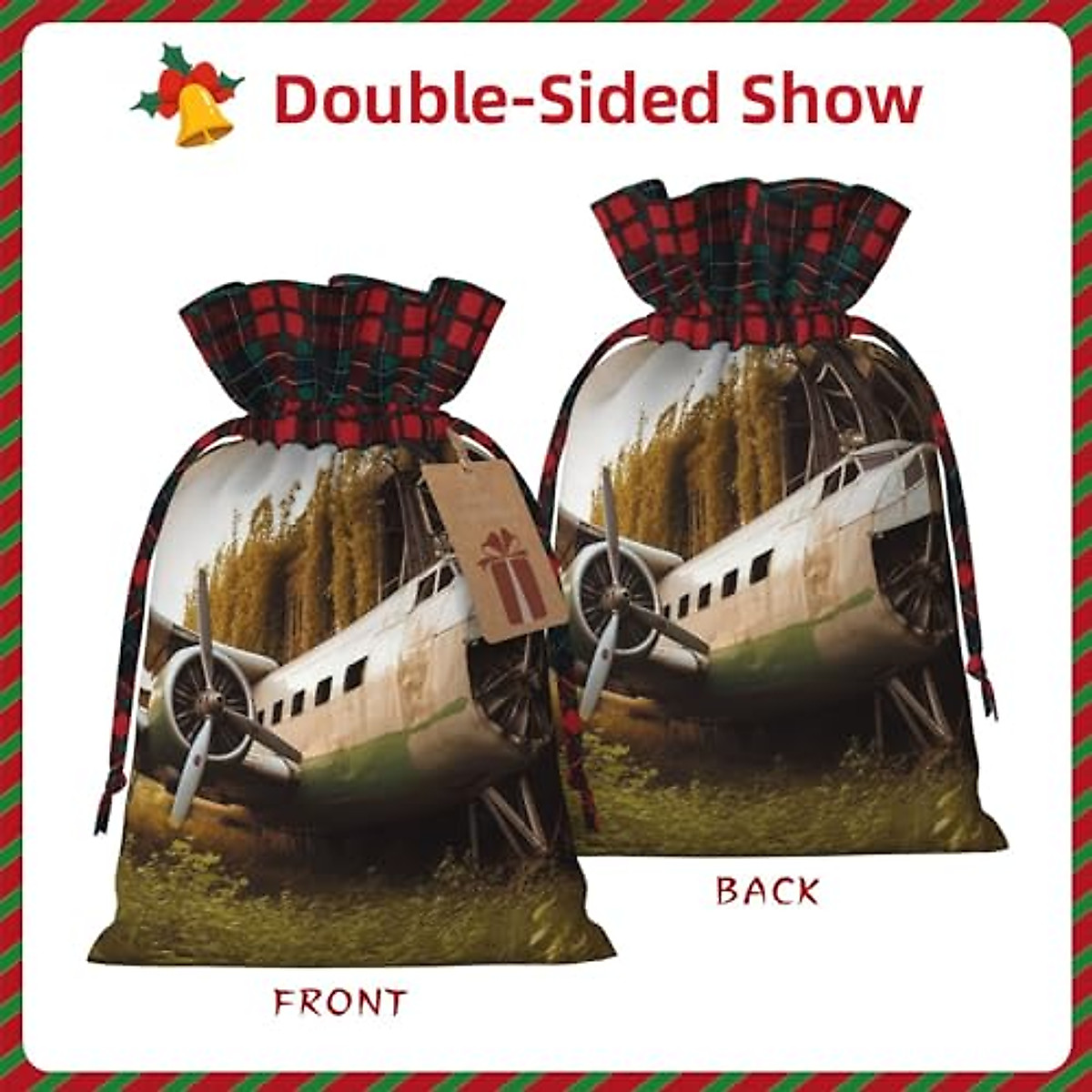 Christmas Gift Bags with Drawstring Burlap Gift Bags Abandoned Plane Christmas Linen Bags for Xmas Party Candy Bags with Cards Xmas Reusable Wrapping Bags Christmas Linen Treat Bags for Holiday