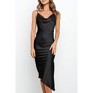 PRETTYGARDEN Women's Satin Dress Sleeveless Spaghetti Strap Side Slit Cowl Neck Midi Bodycon Dresses (Black,Large)
