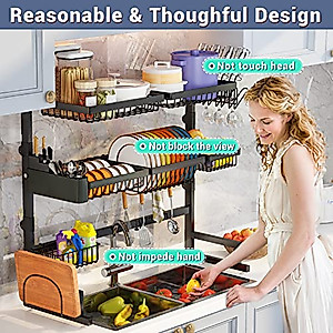 Over Sink Dish Drying Rack (Expandable Height/Length) Snap-On Design Large Dish Drainer Stainless Steel Storage Counter Organizer (31-39.5L x 12W x 34-38H inches)