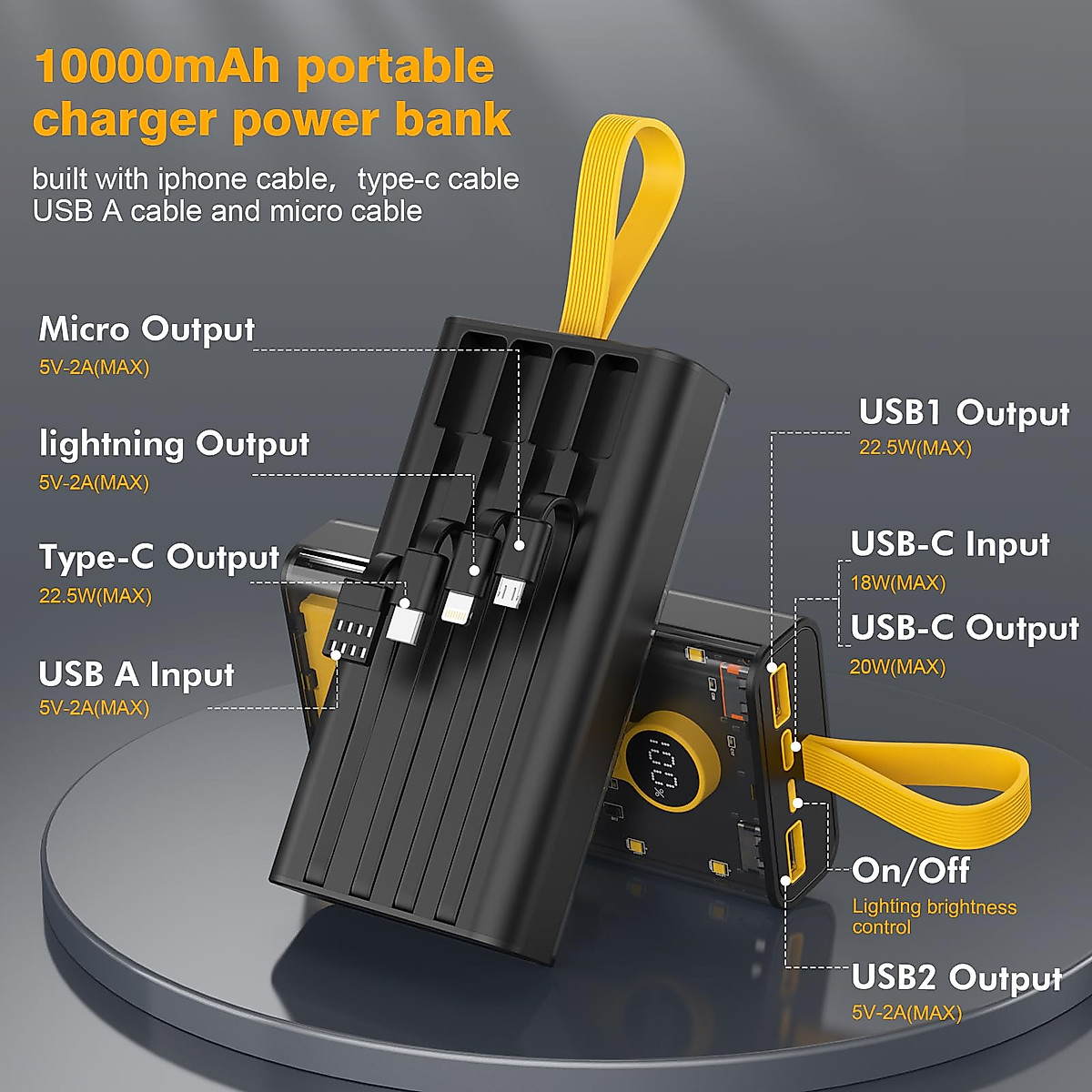 Portable Charger 10000mAh,22.5W Fast Charging Power Bank with Built in Cables,Transparent External Battery Pack with Flashlight,USB C in&out Portable Phone Charger for iPhone Samsung Android Cellphone