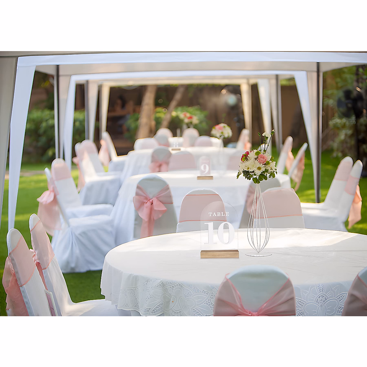 ORGANTEAM Clear Arch Wedding Table Numbers with Wooden Stands 1-15, 5x7" Acrylic Signs and Holders, Perfect for Centerpiece, Reception, Decoration, Party, Anniversary, Event (Clear, Number 1-15)