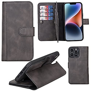 HARDISTON Premium iPhone 14 Pro Max Bi-Fold Wallet Case, MagSafe Compatible Handmade Genuine Leather Detachable Magnetic Flip Cover with Card Holders Customizable Double Fold Phone Case (Black)
