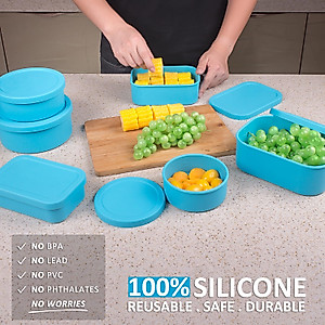 Nesting 100% Silicone Food Storage Containers with Lid & Measuring Line, 6 Pack, Leakproof Stackable Hard-Shell Silicone Containers for Food Lunch Snack, Microwave Oven Freezer Dishwasher Safe, Blue