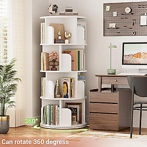 Besiost Rotating Bookshelf, Wood Corner Bookshelf, 360 Display Spinning Bookcase Storage Rack, 4 Tier Floor Standing Revolving Bookcase Narrow Book Shelf Organizer for Small Space, Bedroom, White