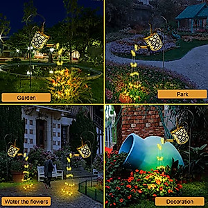 Solar Watering Can Lights Outdoor, Fairy Garden Lights, Hanging Solar Lights Metal Waterproof for Table, Patio, Yard Pathway, Outdoor Decorations with Hollow-Out Flower Design (with Hook and Stand)