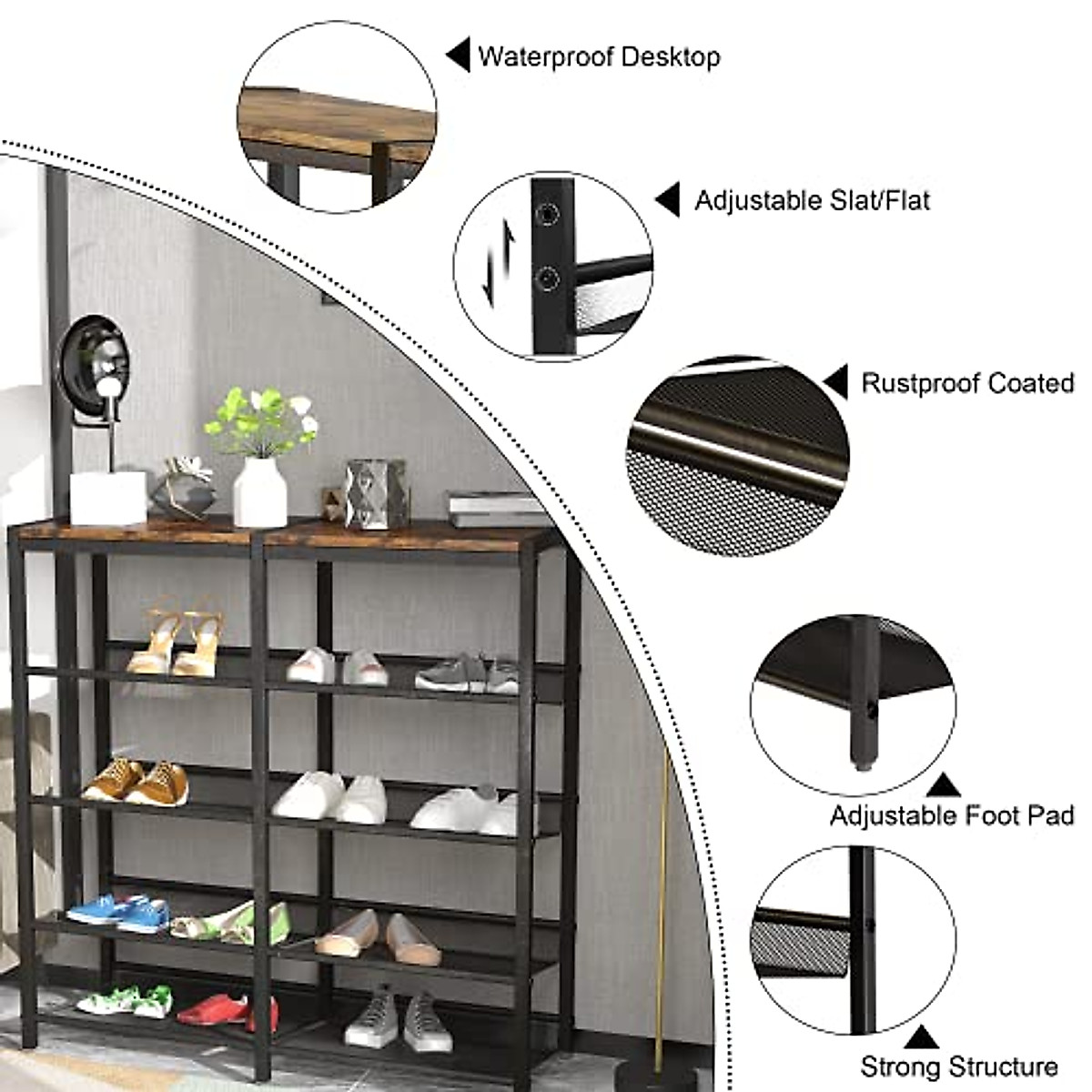 MIERES 5-Tier Shoe Racks, Free Standing Tilt Shoe Storage Organizer w/4 Sturdy Metal Mesh Shelves for 16-20 of Pairs Double Row Shoe Shelf for Entryway, Hallway, Closet, Bedroom,Brown