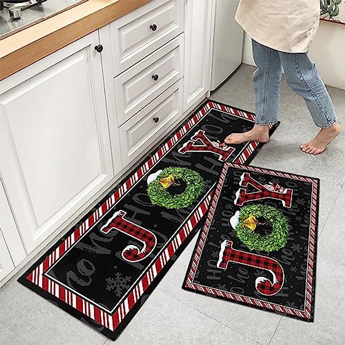 Miaklek Christmas Kitchen Mats Anti Fatigue 1 Piece, Kitchen Mats for Floor, Comfort Mat for Kitchen Floor, Non Skid Mats for Kitchen,Office,Sink,Oven,Laundry, Red and Black Plaid Christmas Joy