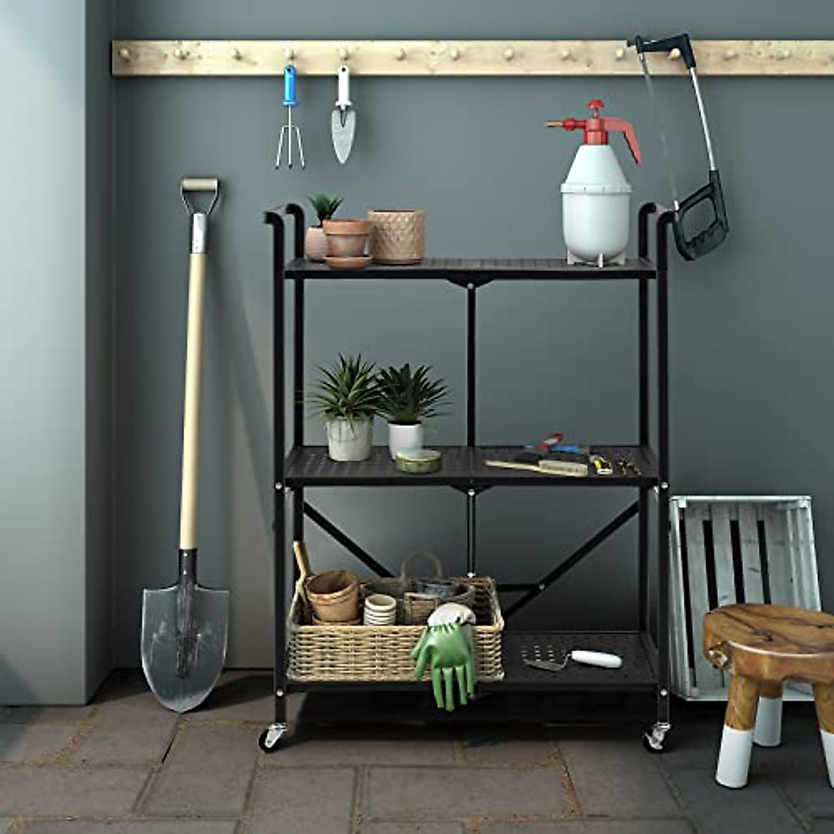 Tangkula 3-Tier Foldable Storage Shelves, Steel Storage Rack with 2 Handles, 4 Caster Wheels and Hook Buckle, Collapsible Utility Cart for Garage Kitchen, 3-Shelf Metal Shelving Units (1, Black)