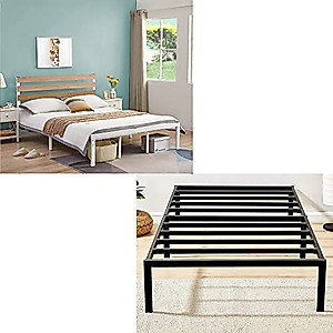 GreenForest Bed Frame Queen Size with Wooden Headboard Platform Bed with Metal Support Slats and Twin Bed Frame Tool-Free Assembly Metal Platform