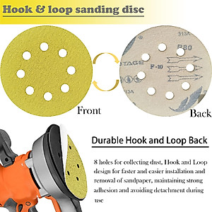 M-jump 100 Pack 5 Inch Sanding Discs, 80 Grit Hook and Loop Sandpaper for Woodworking or Automotive, 8 Hole Gold Premium Dustless Random Orbit Sandpaper