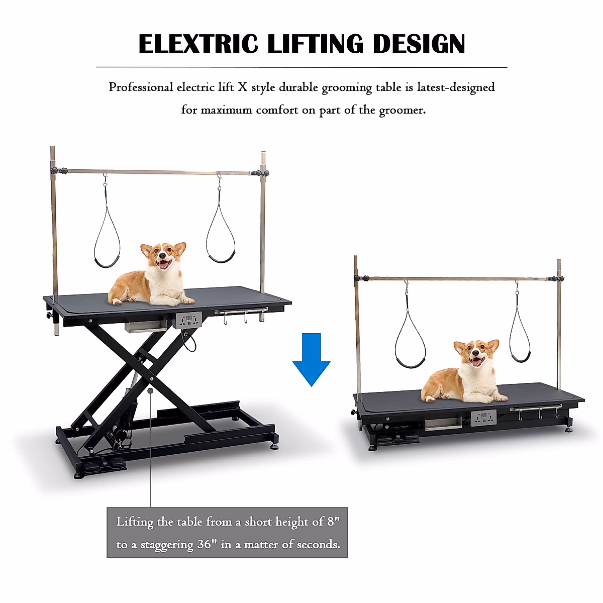 SoarFlash 49.6” Electric Lift Pet Dog Grooming Table,Heavy Duty Electric Grooming Table for Dogs&Cats,Heavy Duty Height Adjustable with Overhead Arm, Clamps, Two Grooming Noose